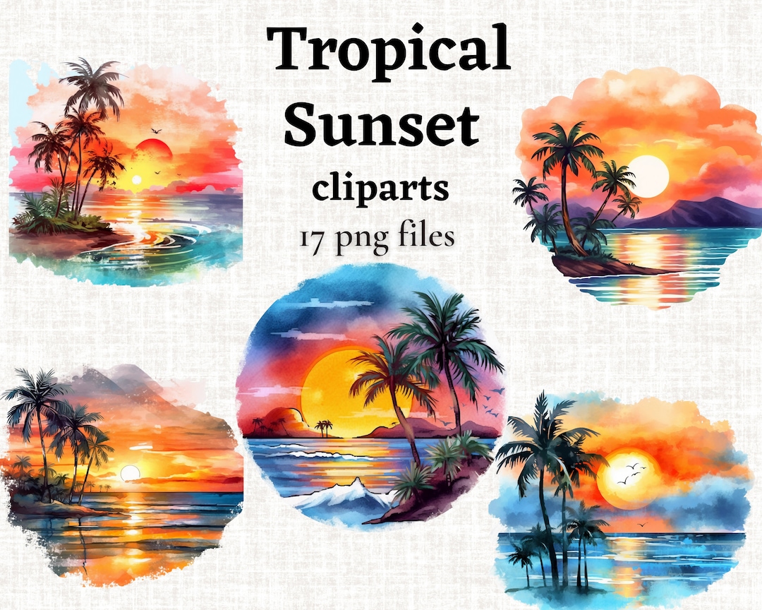 Watercolor Beach Sunset Clipart Bundle, Watercolor Ocean Sunset Png ...
