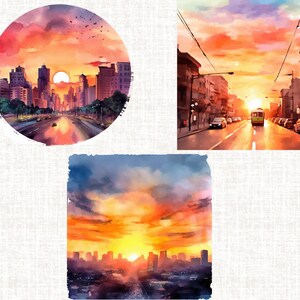Sunset in the City Clipart Bundle, Watercolor City Sunset Images ...