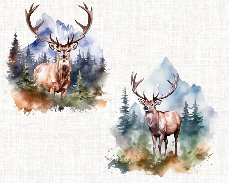 Watercolor Buck Deer Clipart Bundle Mountain Landscape - Etsy