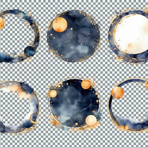Watercolor Celestial Frame Clipart Bundle, Gold and Navy Blue Stars and ...