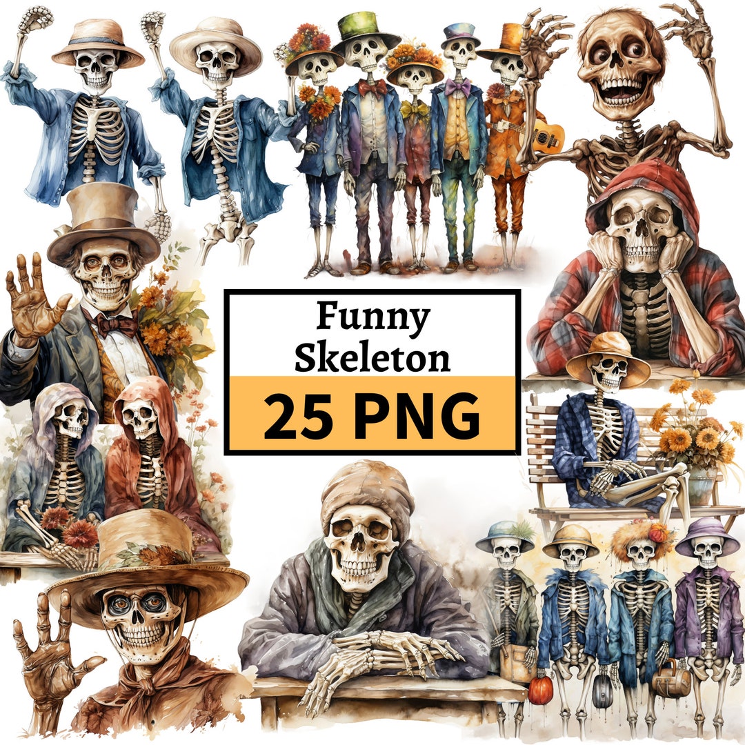 Skeleton Clipart Bundle, Funny Halloween Skeleton PNG, Watercolor ...