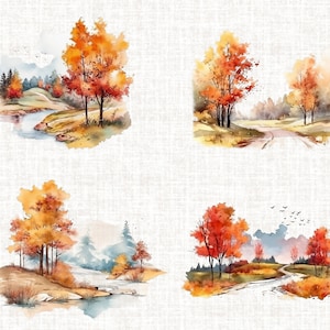 Autumn Landscape Clipart, Fall Scenery Clipart Bundle, Watercolor ...