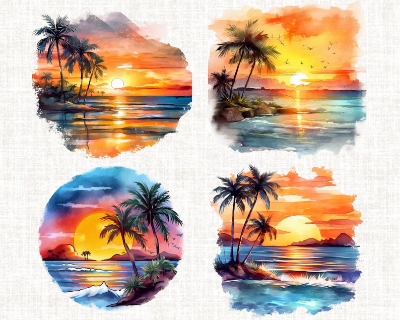 Watercolor Beach Sunset Clipart Bundle Watercolor Ocean - Etsy