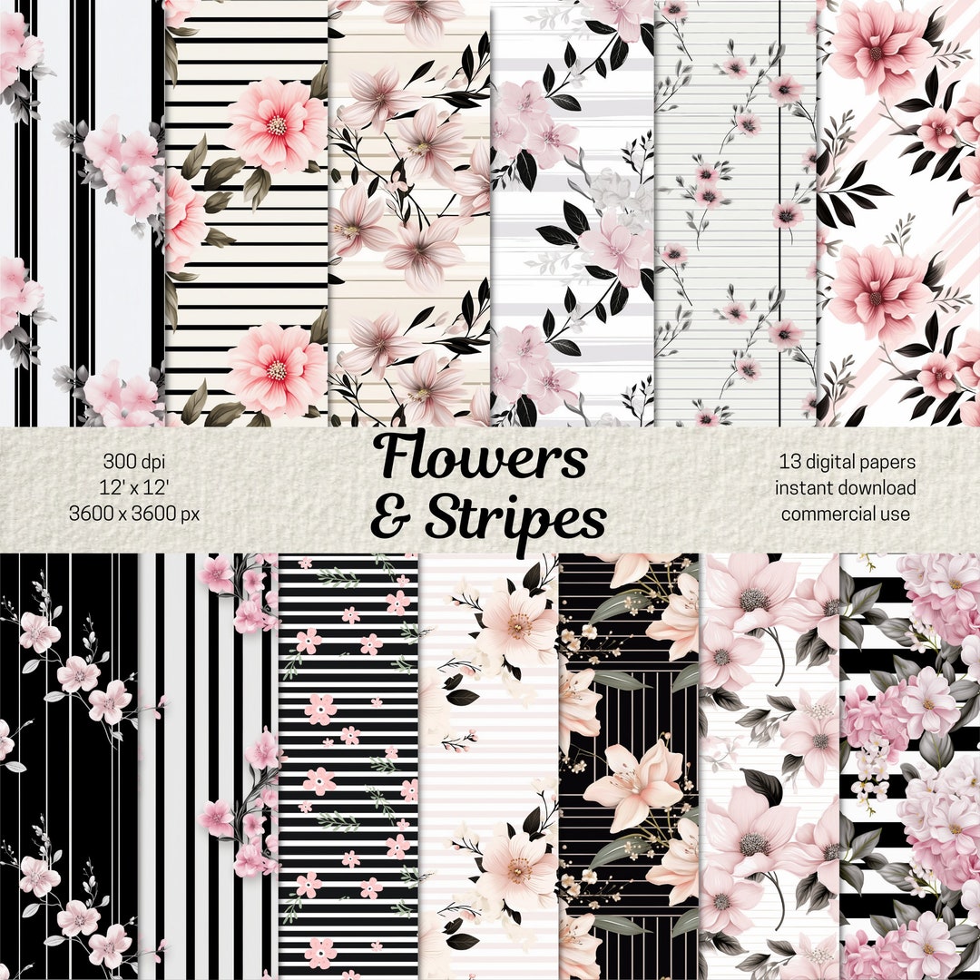 Floral Digital Papers Flowers and Black Stripes Scrapbook Paper, Floral ...