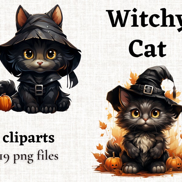Halloween Black Cat Witch Clipart Bundle - Etsy