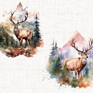 Watercolor Buck Deer Clipart Bundle, Mountain Landscape Clipart ...