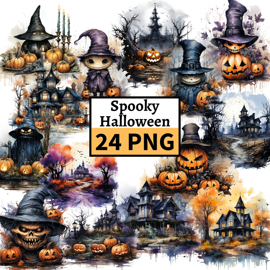Watercolor Spooky Halloween Clipart, Jack-o-lantern Clipart, Haunted ...
