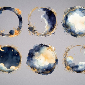 Watercolor Celestial Frame Clipart Bundle, Gold and Navy Blue Stars and ...