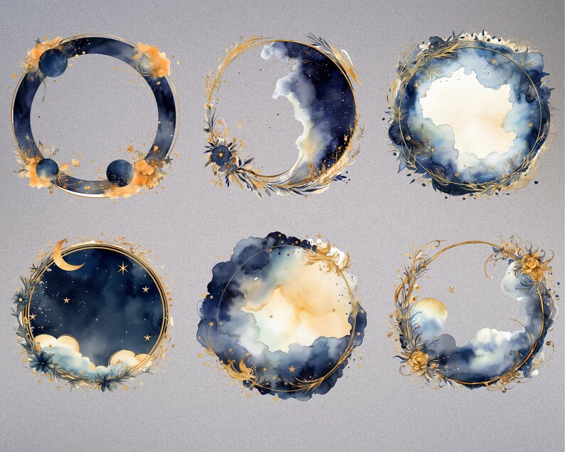 Watercolor Celestial Frame Clipart Bundle Gold and Navy Blue - Etsy