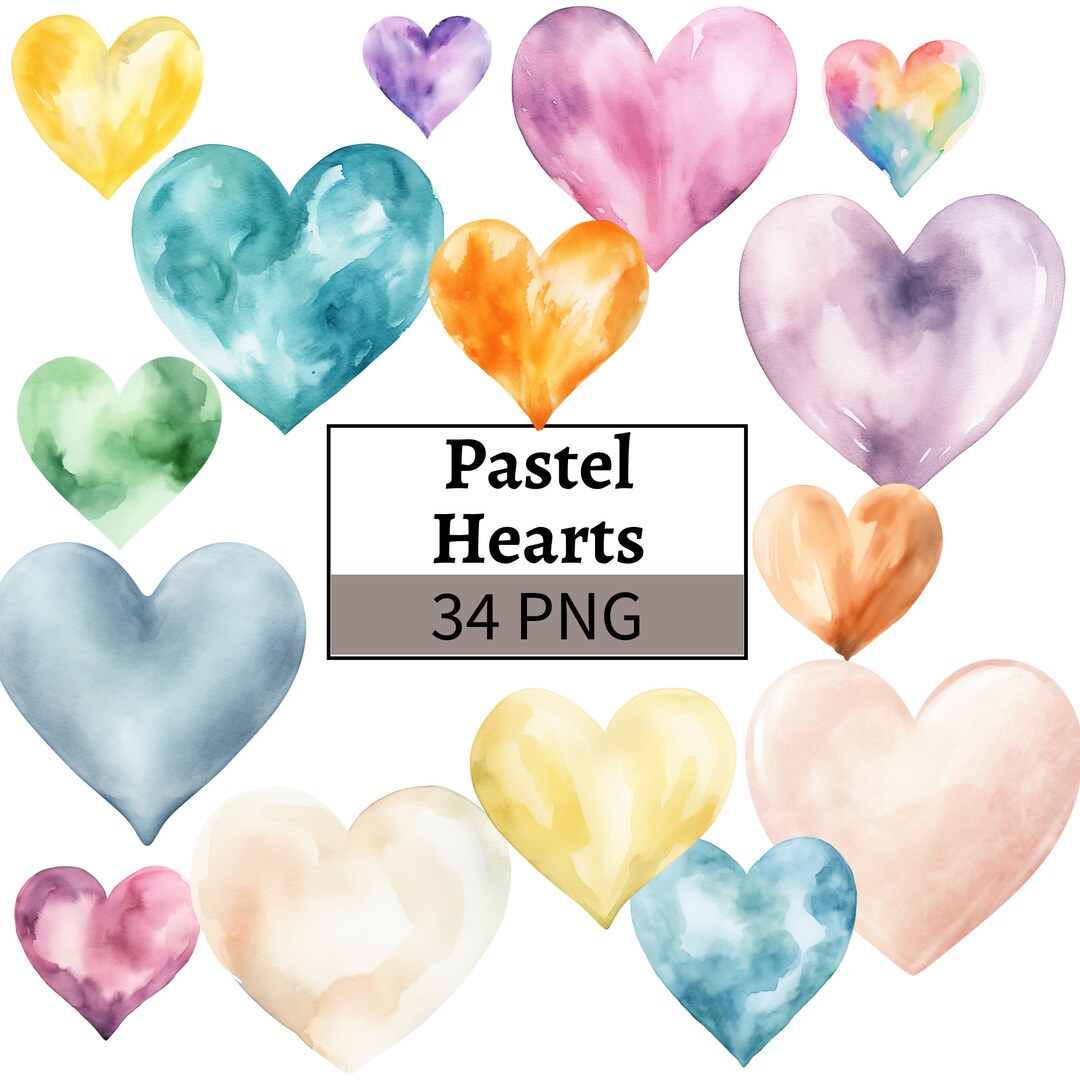 Watercolor Pastel Heart Clipart Bundle, Valentines Heart PNG Bundle ...