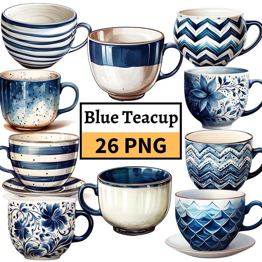 Watercolor Blue Teacup Set Clipart, Blue Pattern Teacup Tea Clipart PNG ...