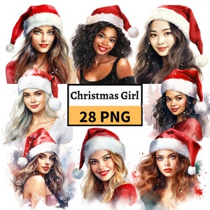 Christmas Girl Clipart Bundle, Beautiful Girl in Santa's Hat PNG, Santa ...