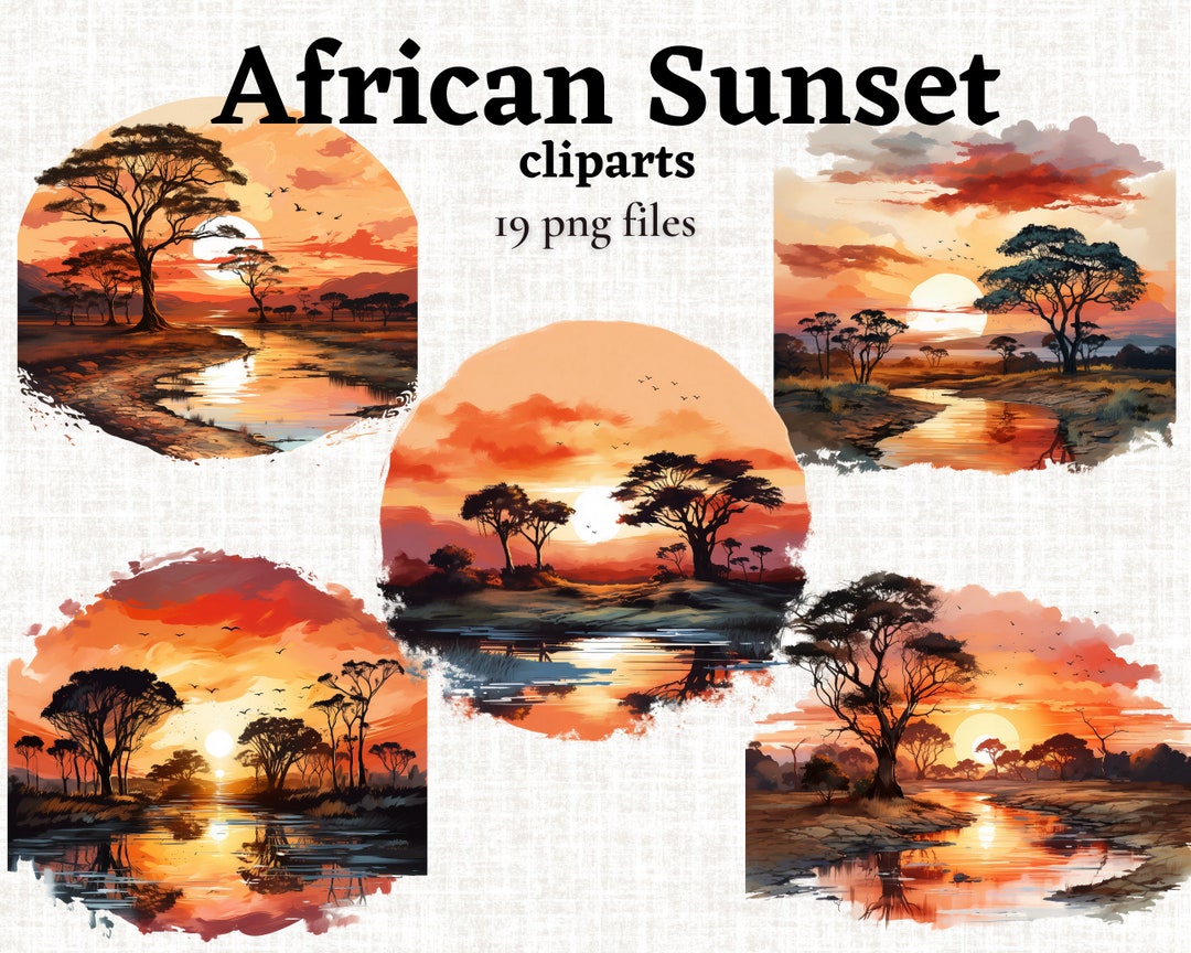 African Sunset Clipart, African Lanscape Clipart Bundle, Watercolor ...