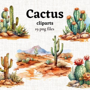 Cactus Clipart Bundle, Watercolor Cactus PNG, Cactus in the Desert PNG ...