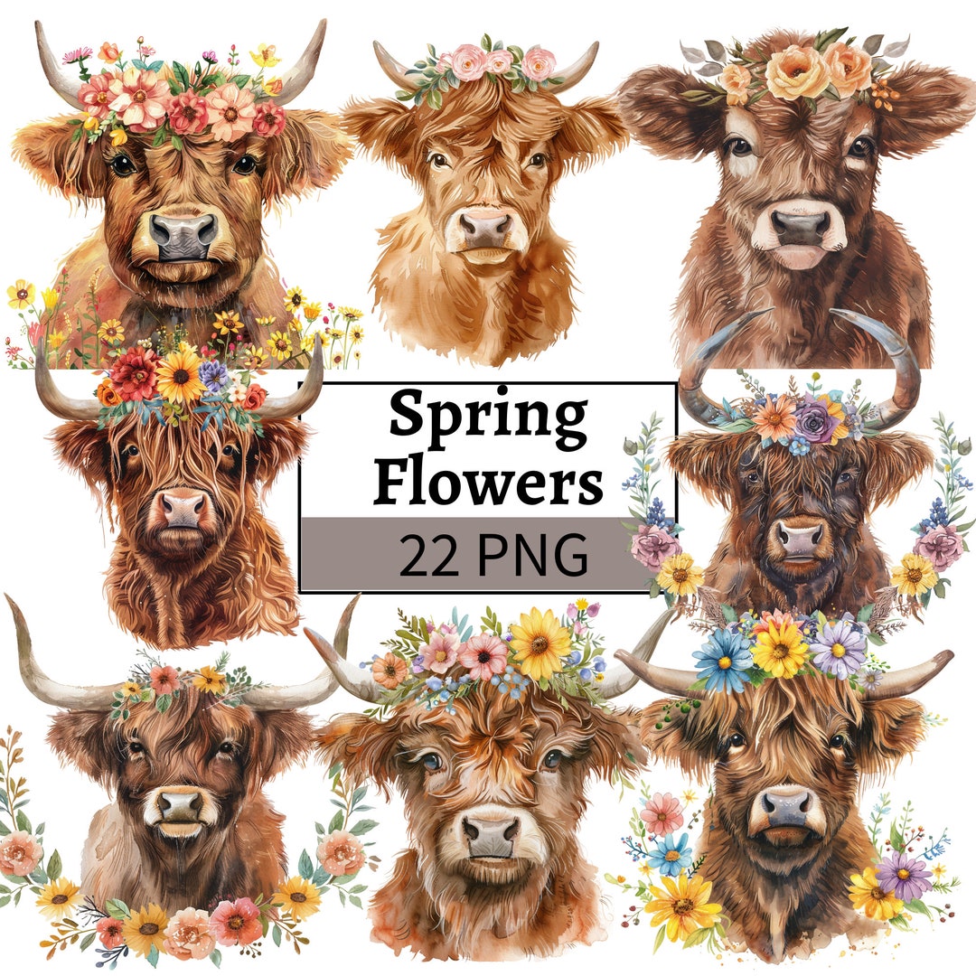 Watercolor Spring Cow Clipart Cute Floral Cow Illustration Highland Cow ...
