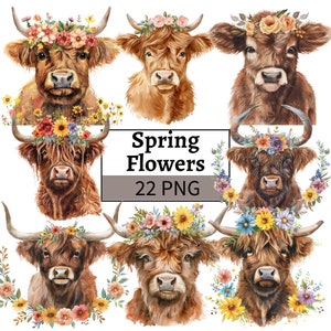 Watercolor Spring Cow Clipart Cute Floral Cow Illustration Highland Cow ...