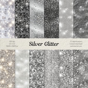 Silver Glitter Digital Paper, Luxury Silver Scrapbook Papers, Seamless ...
