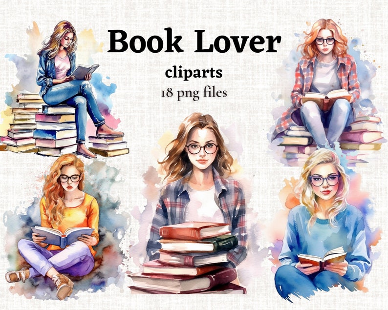 Book Lover Clipart Bundle Watercolor Bookworm Clipart - Etsy