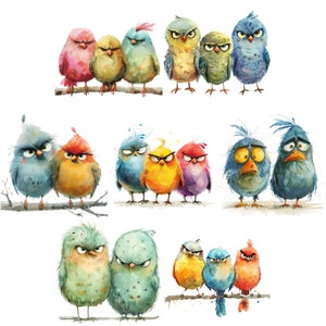 Funny Birds Clipart Bundle Watercolor Grumpy Birds on Branch ...