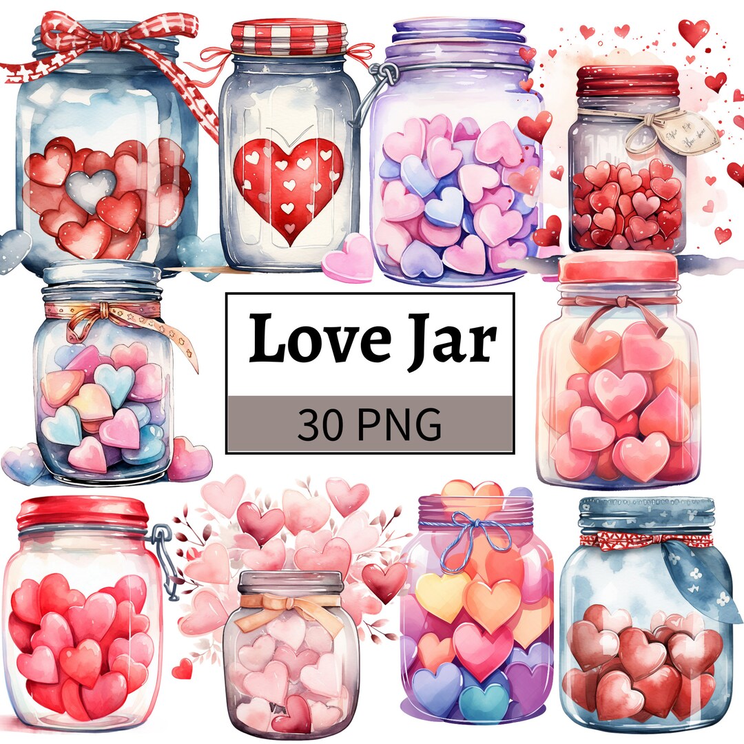 Love Jar Clipart Bundle, Watercolor Valentine Clipart Valentine Hearts ...
