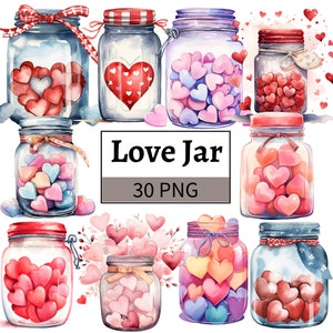 Love Jar Clipart Bundle, Watercolor Valentine Clipart Valentine Hearts ...