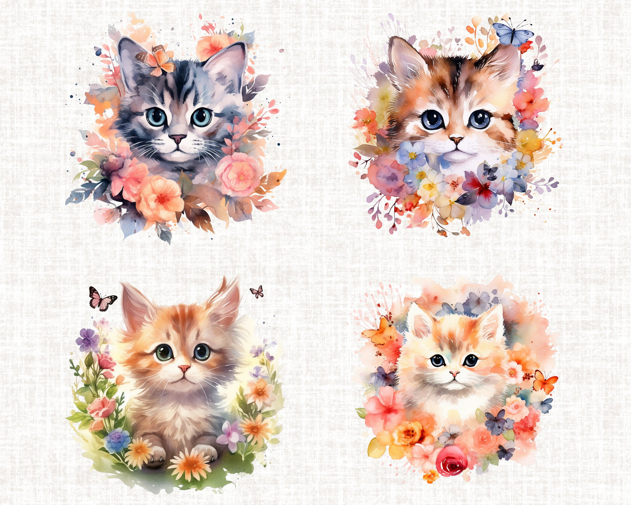 Watercolor Kitten Clipart Floral Cat Clipart Floral Kitten - Etsy