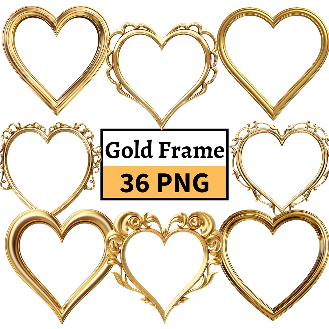 Gold Heart Frames Clipart, Valentines Golden Heart PNG Bundle ...