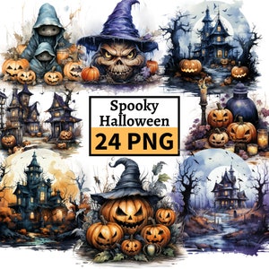 Watercolor Spooky Halloween Clipart, Jack-o-lantern Clipart, Haunted ...