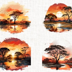 African Sunset Clipart, African Lanscape Clipart Bundle, Watercolor ...
