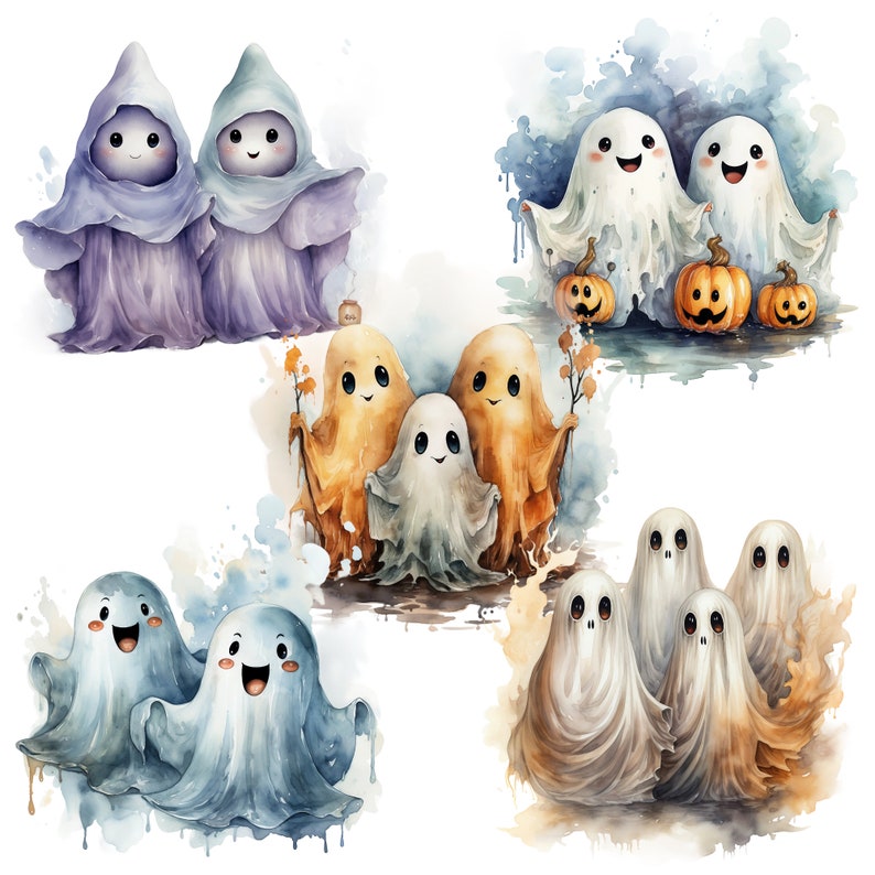 Cute Ghost Clipart Watercolor Halloween Ghost Spooky Collage - Etsy