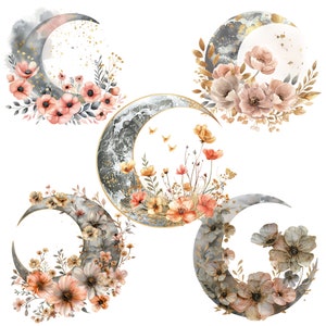Watercolor Boho Floral Moon Clipart Bundle Celestial Illustrations ...