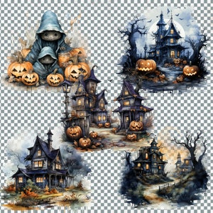 Watercolor Spooky Halloween Clipart, Jack-o-lantern Clipart, Haunted ...