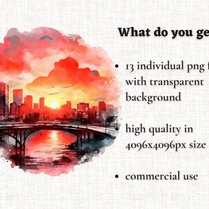 Sunset in the City Clipart Bundle, Watercolor City Sunset Images ...