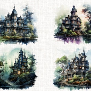 Haunted Mansion Clipart Bundle, Watercolor Halloween PNG, Spooky ...