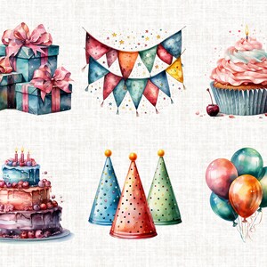 Watercolor Birthday Party Clipart Bundle, Birthday Clipart Bundle, Bday ...