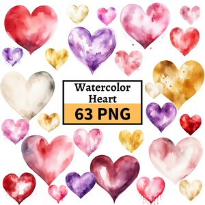 Watercolor Heart Clipart Bundle, Valentines Heart PNG Bundle ...