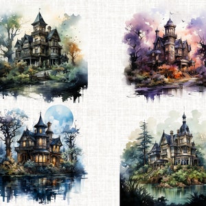 Haunted Mansion Clipart Bundle, Watercolor Halloween PNG, Spooky ...