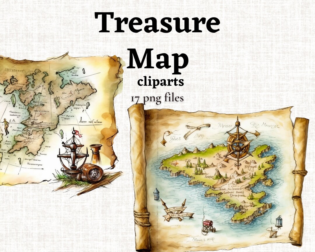Old Treasure Map Clipart Bundle, Watercolor Old Map Clipart, Vintage ...