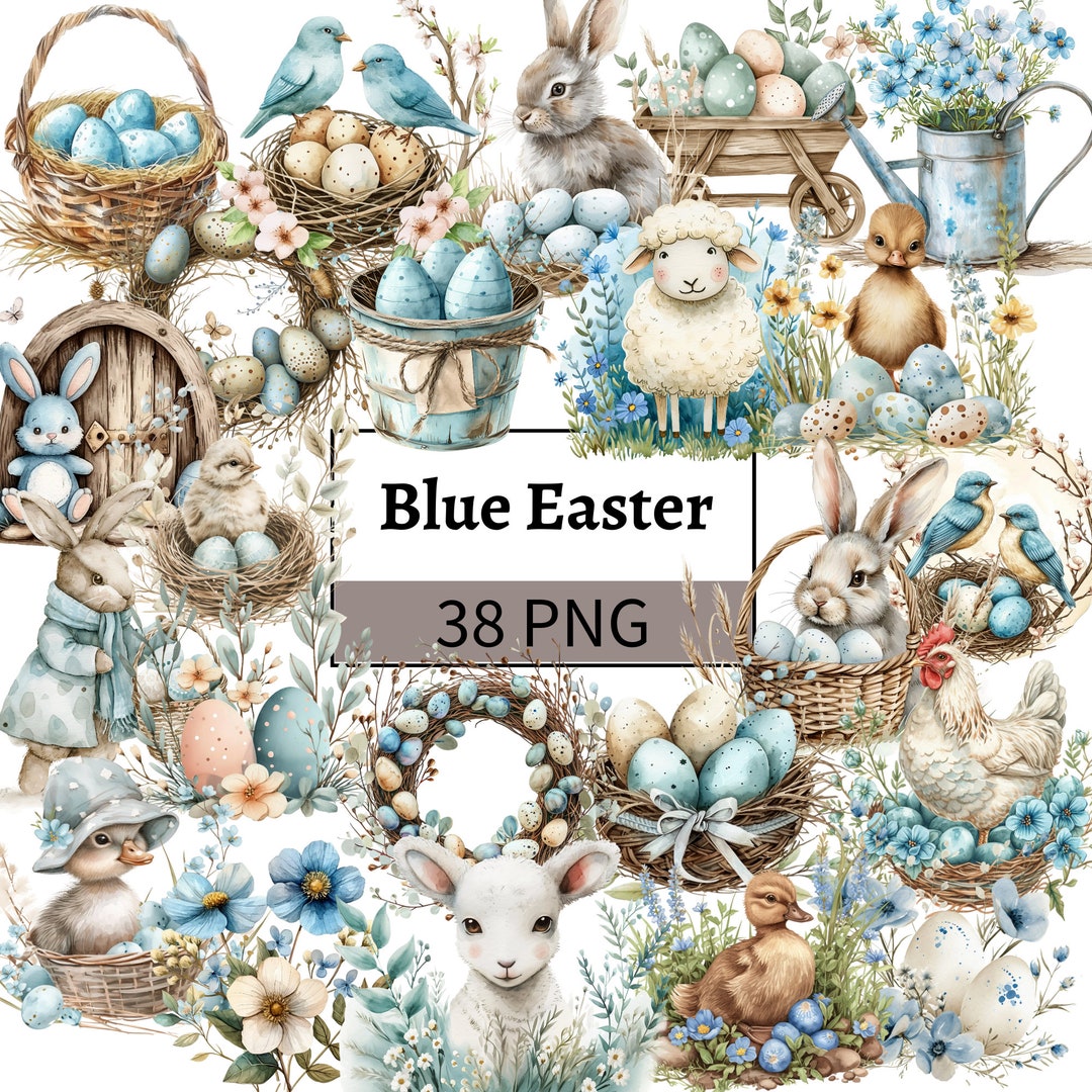 Watercolor Easter Clipart Bundle Pastel Blue Beige Easter Illustrations ...