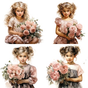 Victorian Little Girl With Flowers Clipart Set, Watercolor Vintage Girl ...