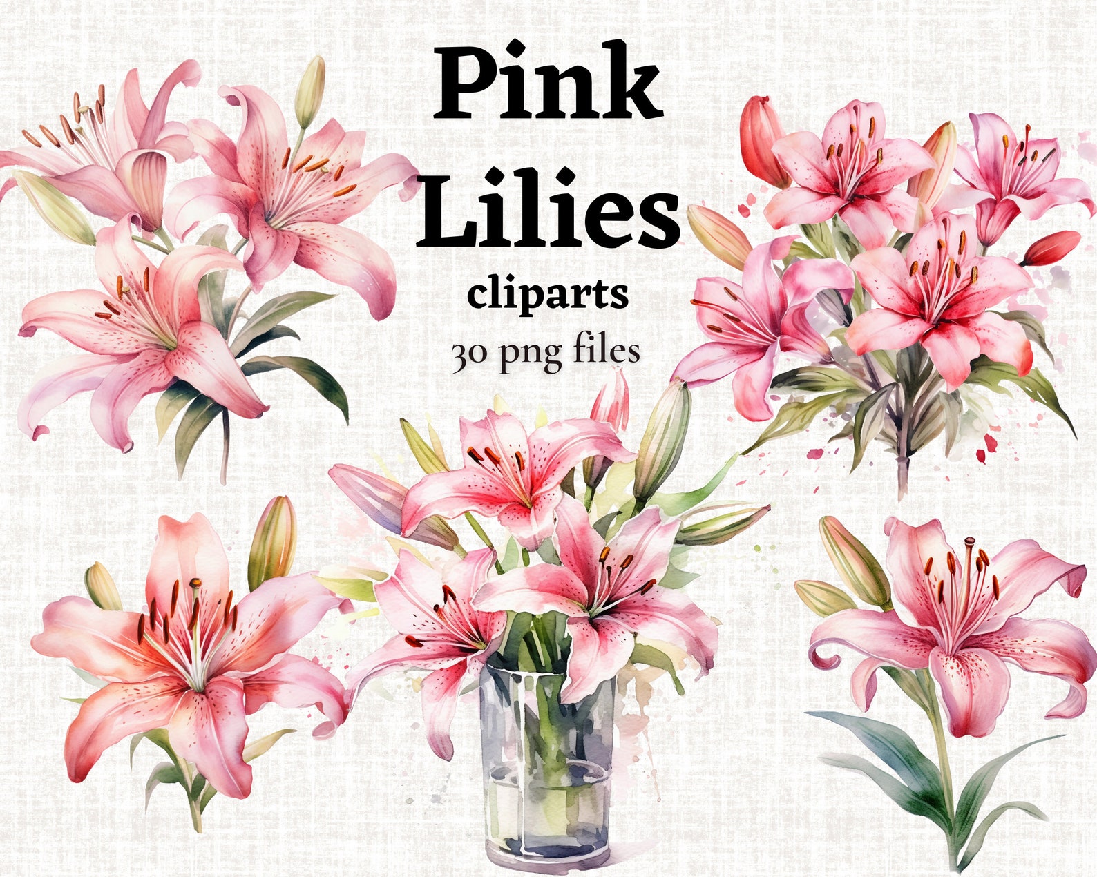 Pink Lily Clipart, Watercolor Tiger Lily Clipart Bundle, Pink Lilies ...