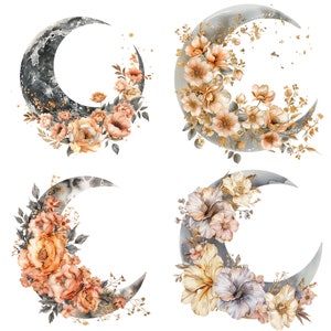 Watercolor Boho Floral Moon Clipart Bundle Celestial Illustrations ...