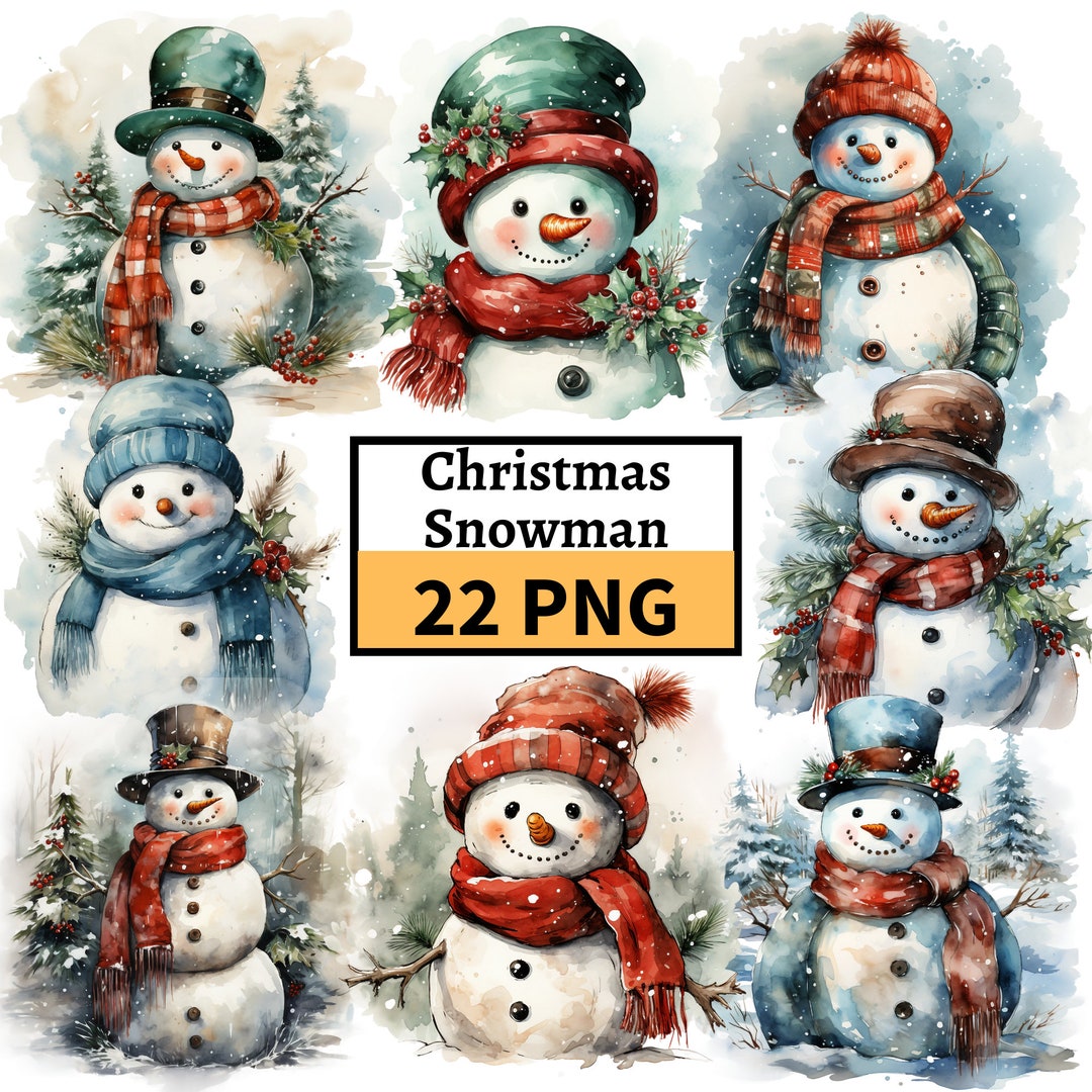 Christmas Snowman Clipart, Vintage Christmas PNG, Watercolor Cute ...