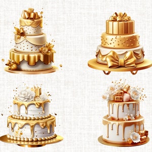 Golden Cake Clipart, Wedding Cake PNG Bundle, Luxury Cake Illustration ...
