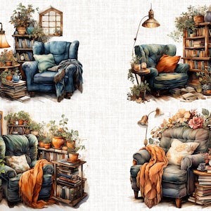 Cottagecore Book Nook Clipart, Cozy Home Library Clipart Bundle, Book ...