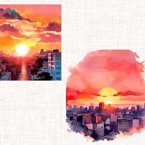 Sunset in the City Clipart Bundle, Watercolor City Sunset Images ...