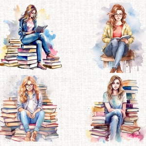 Book Lover Clipart Bundle, Watercolor Bookworm Clipart, Reading Girl ...