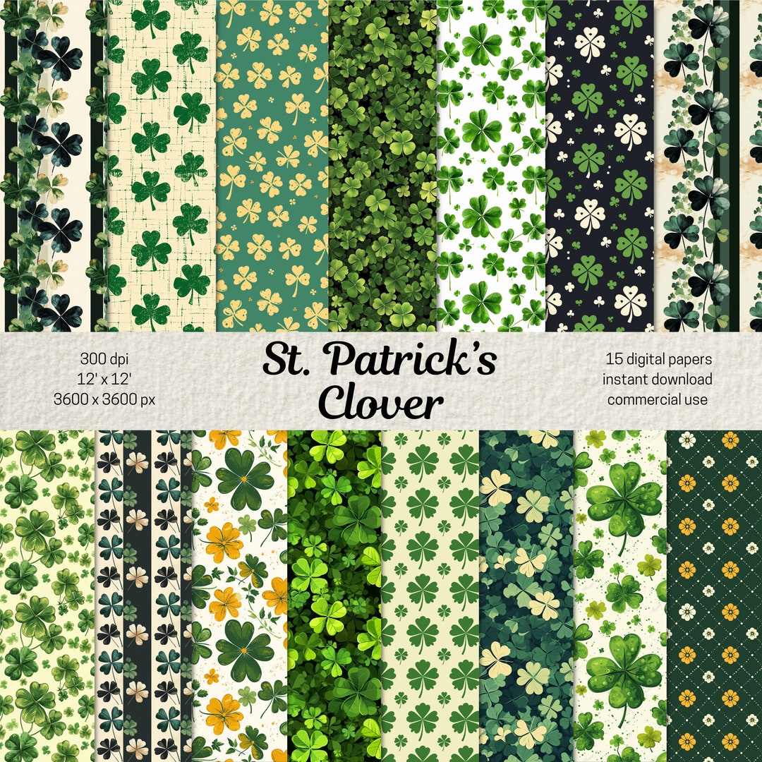 Watercolor St Patricks Day Digital Paper Green Clover Seamless Patterns ...