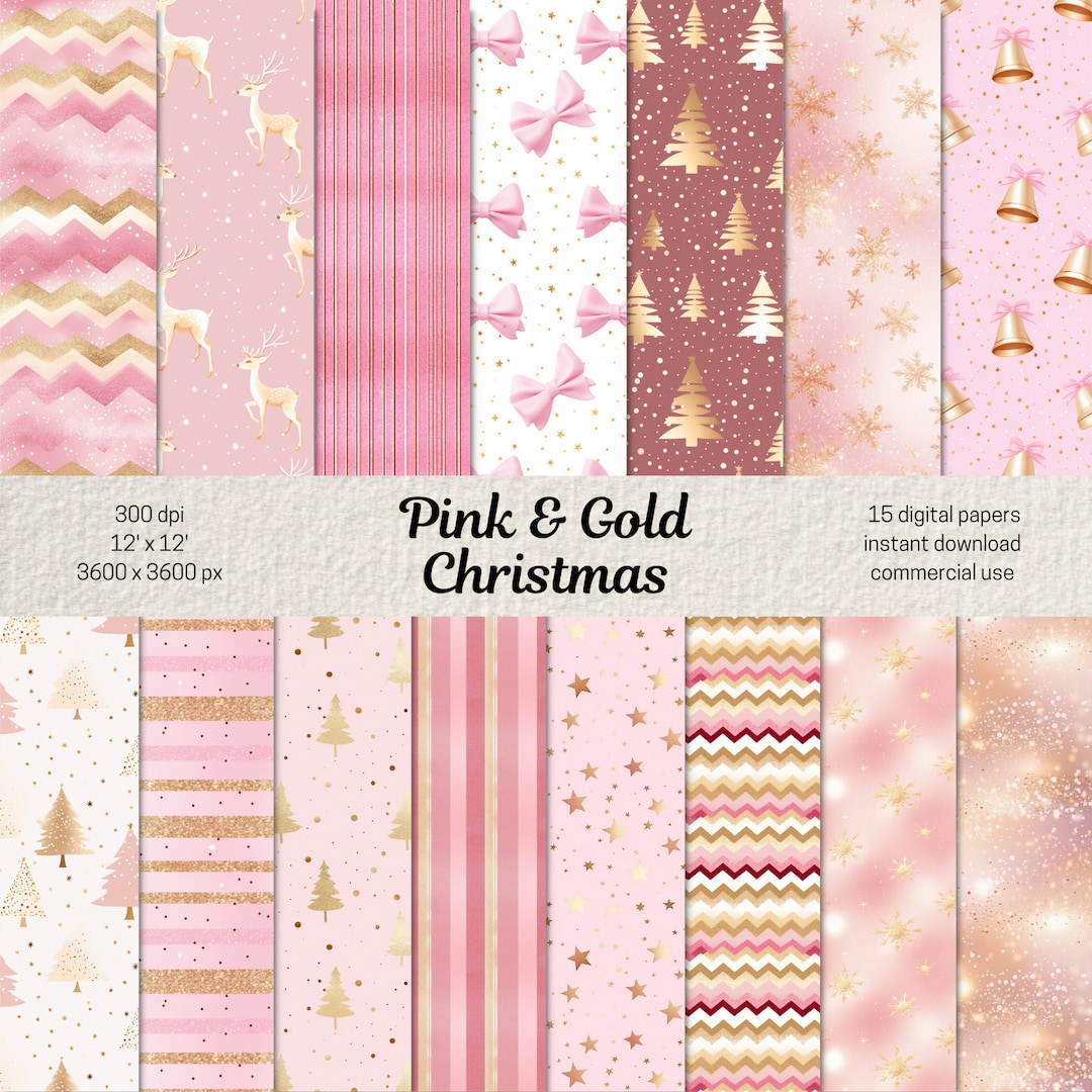 Pink Christmas Digital Paper, Pink Gold Christmas Background, Christmas ...