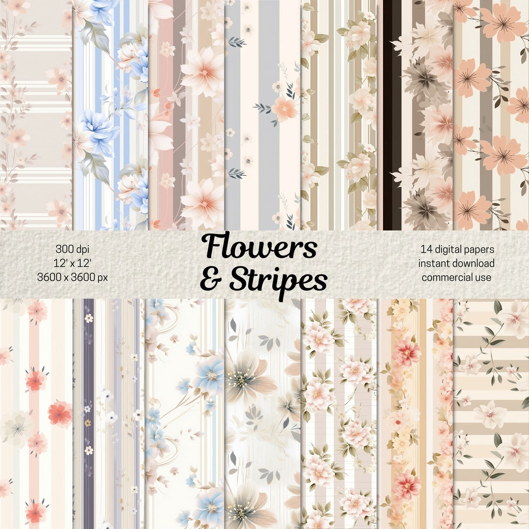 Floral Digital Papers Flowers and Stripes Scrapbook Paper, Floral ...